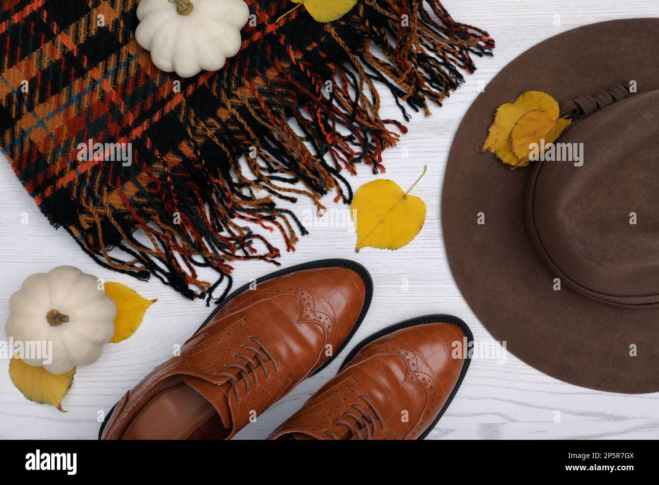Fall fashion. Layout of women's outfit on white wooden background, top ...