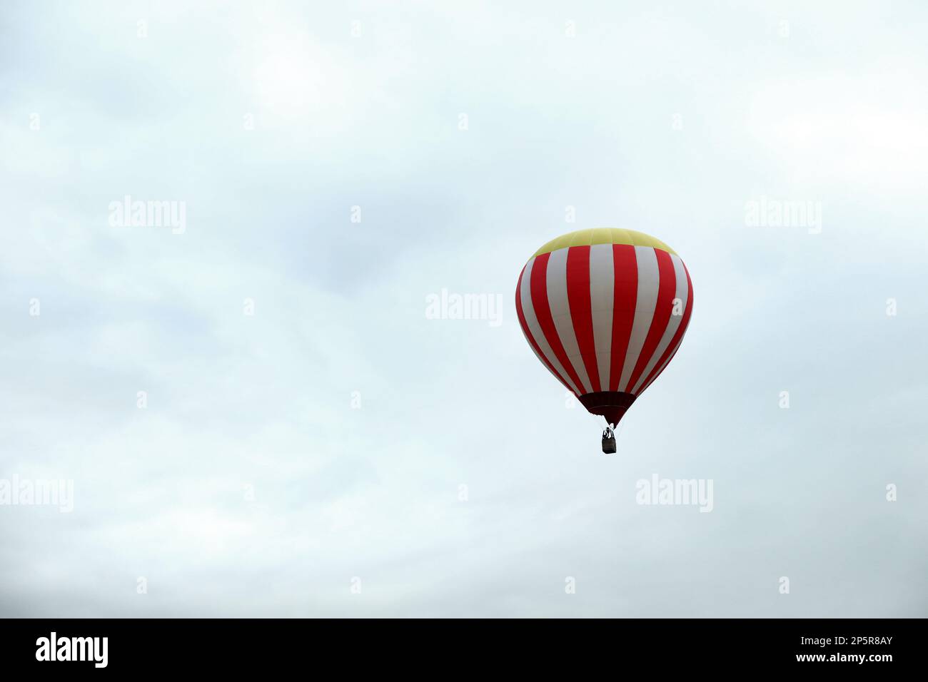 View of hot air balloon in blue sky, space for text Stock Photo - Alamy