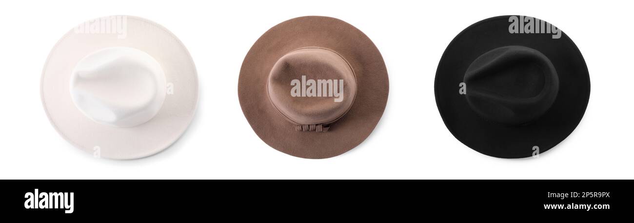 Set with different stylish hats on white background, top view. Banner ...