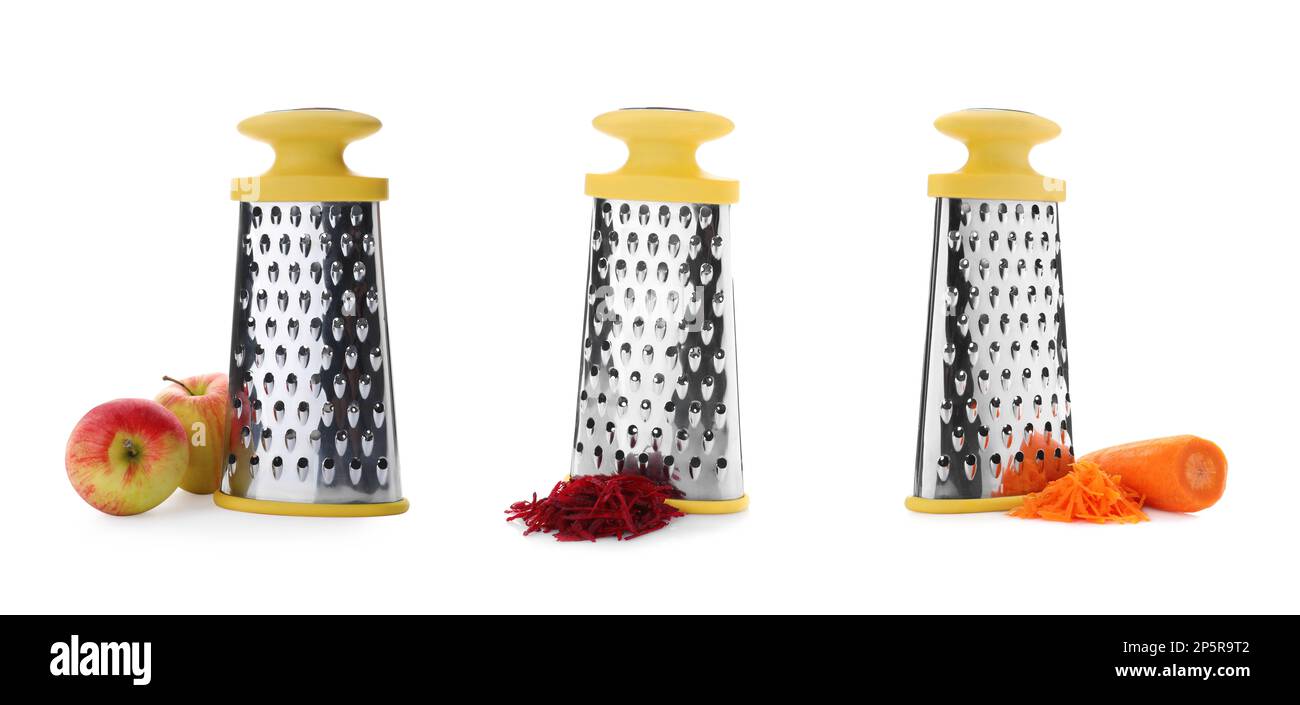 Set with stainless steel graters and fresh products on white background ...