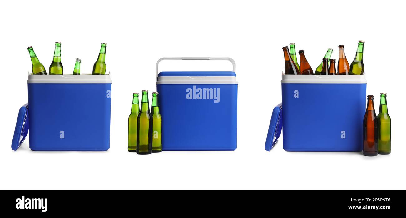 Blue plastic cool boxes with bottles on white background, collage ...