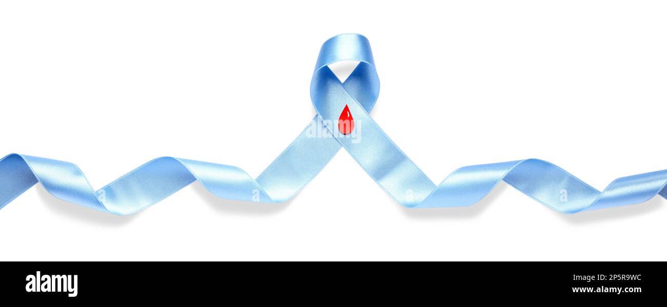 Light blue ribbon with paper blood drop isolated on white. World ...