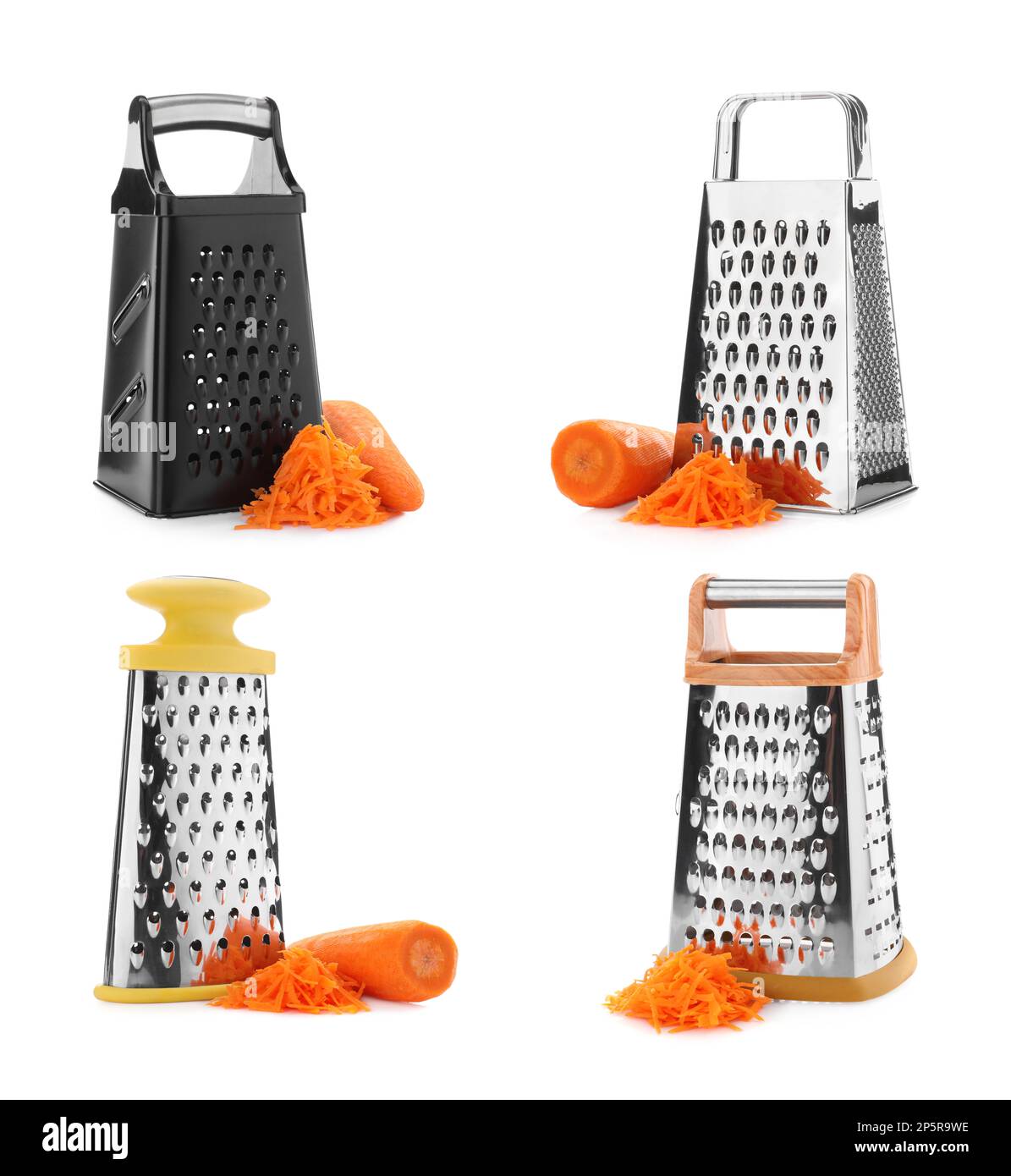 Set with stainless steel graters and fresh carrots on white background ...