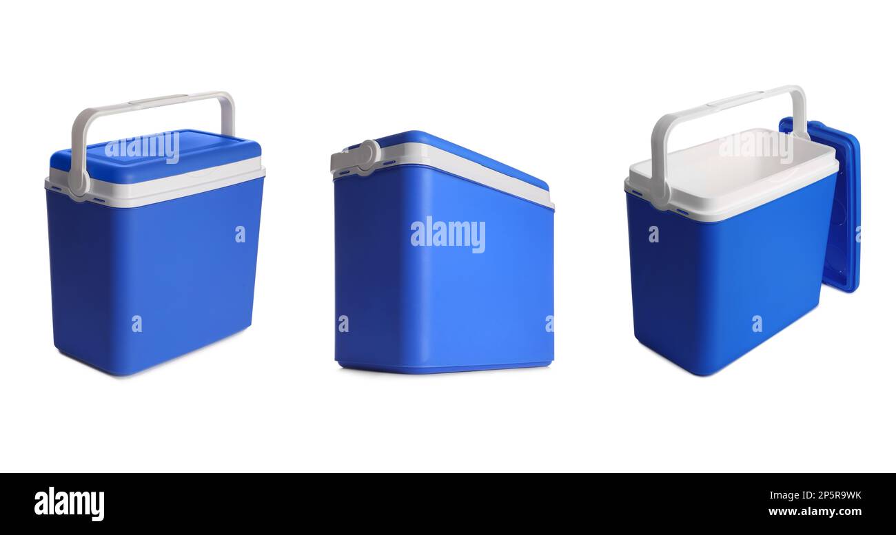 Set with blue plastic cool boxes on white background. Banner design ...