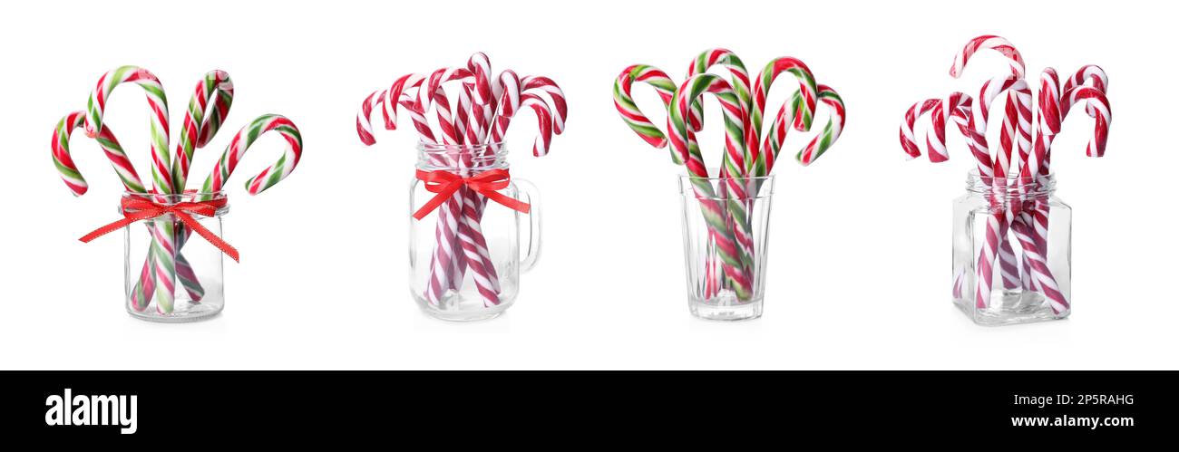 Set with yummy sweet Christmas candy canes on white background. Banner ...