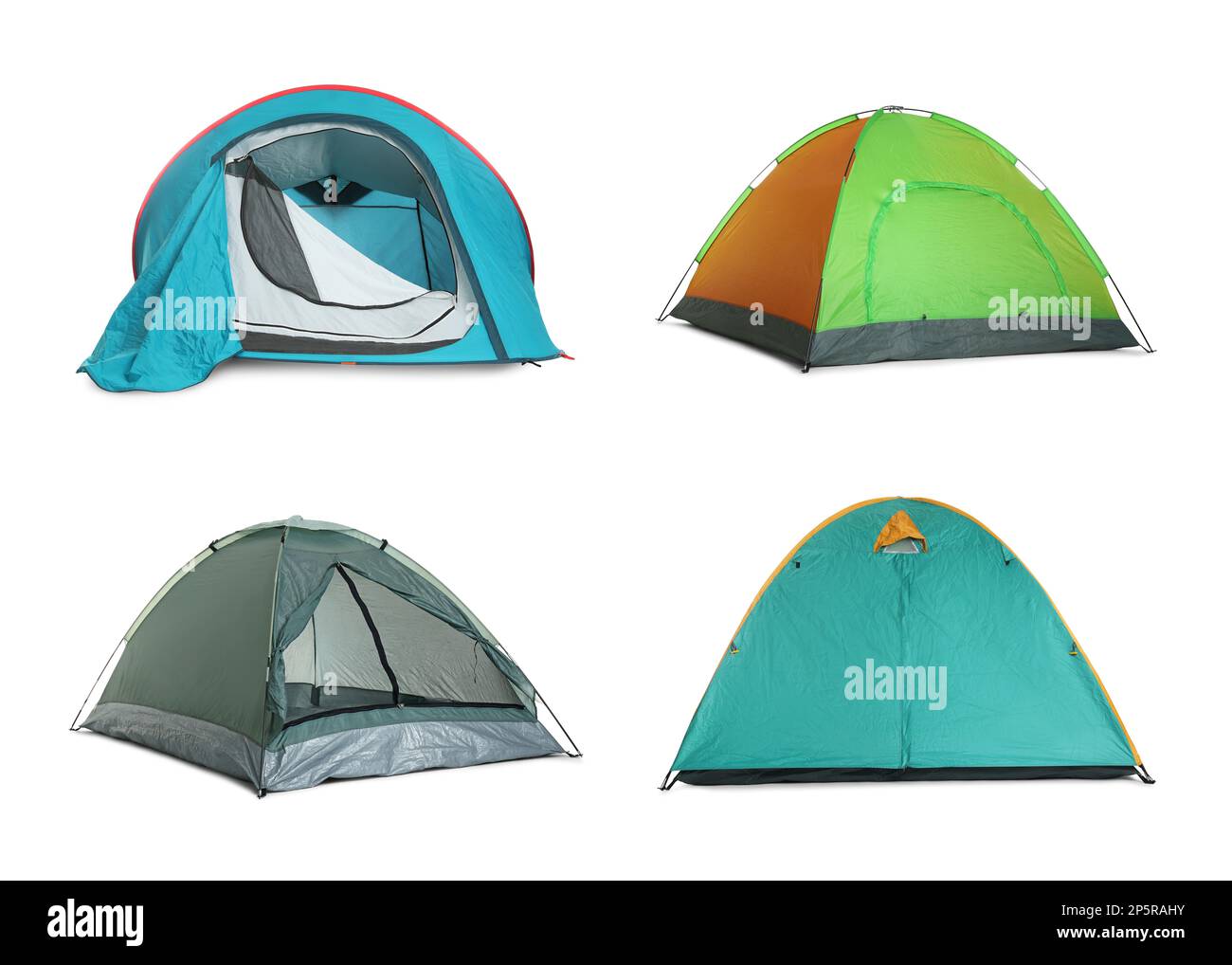 Set with different bright camping tents on white background Stock Photo ...