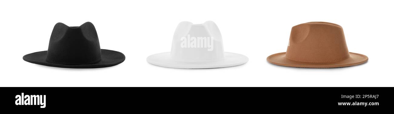 Set with different stylish hats on white background, banner design ...