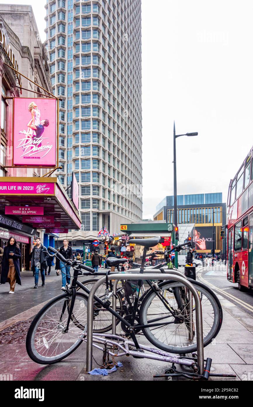 Bicycles stored at a bike rack on Tottenham Court Road, London, UK ...