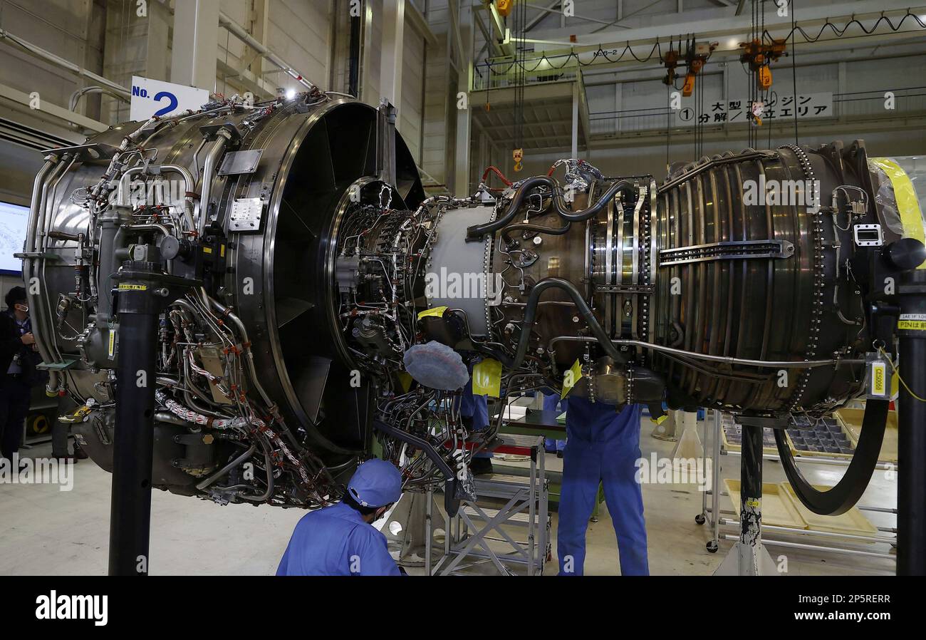 Engineers of MHI Aero Engine Service Co., Ltd. (MESCO), check aero ...
