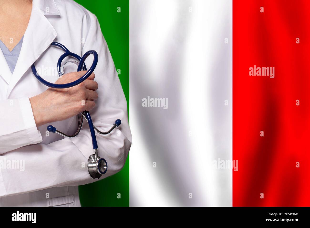 Italian medicine and healthcare concept. Doctor close up against flag ...