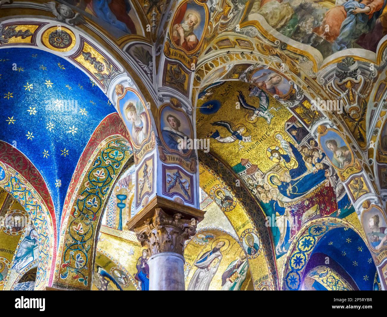 Decorative frescoes and 12th century Byzantine mosaics in the Church of Santa Maria dell ...