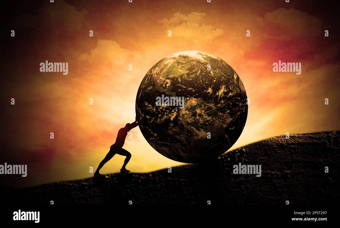 Young man Pushing Earth Globe up to hill. Sunset scene. Concept of ...