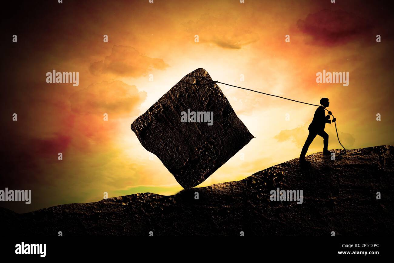 Business man Pull A big Rock Block up to hill. Business Struggle and ...