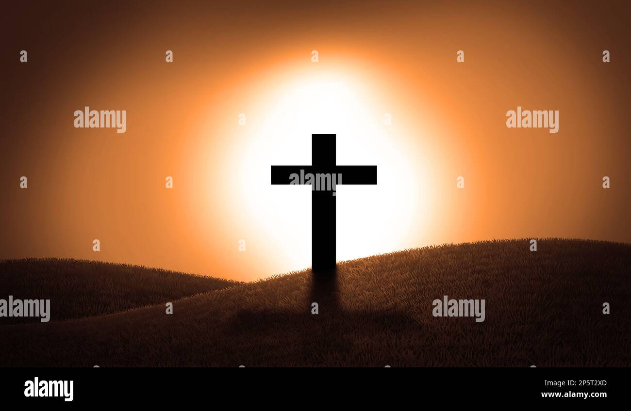 Cross Against Sunset and Sun Light Sky. Crucifix symbol Over Hill ...
