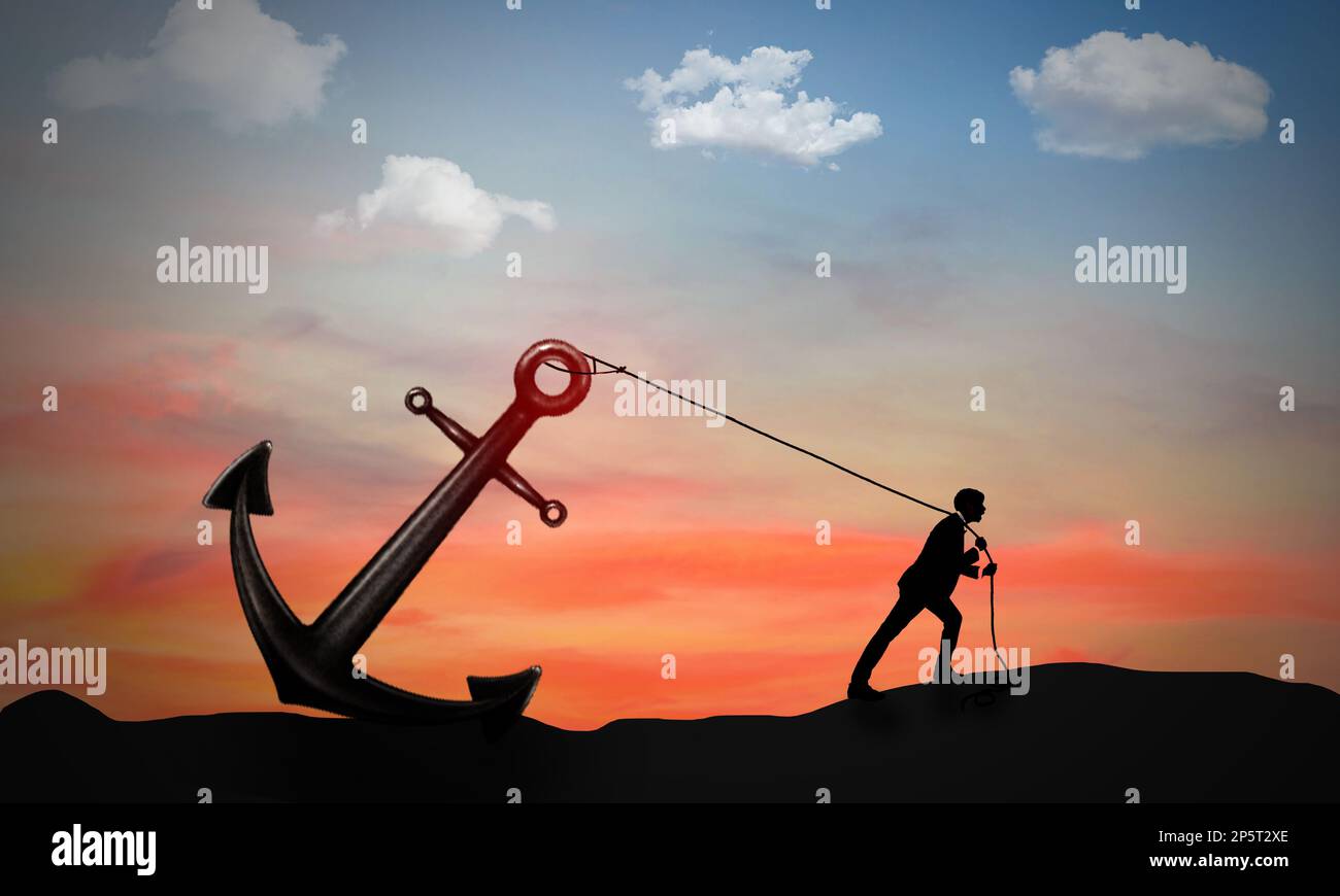 Business man Pull A big anchor. Business Struggle and problem, hard ...
