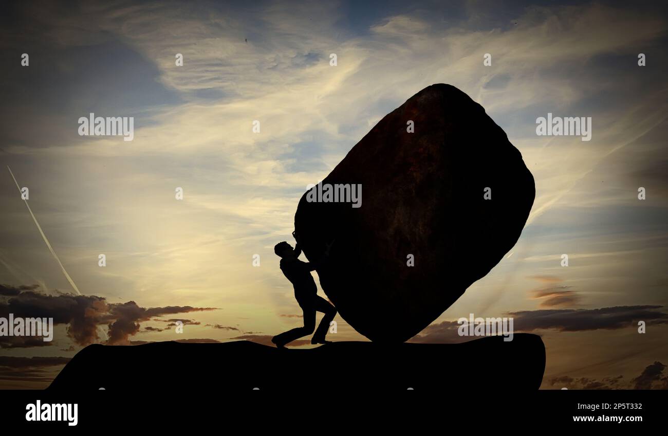 Man Pushing a large Rock At Sunset. Hard work and Heavy task Concept ...