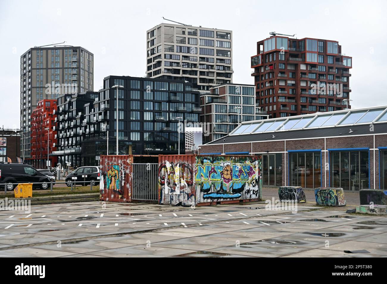 Modern buildings on the shipyard site NDSM Plein, Amsterdam ...