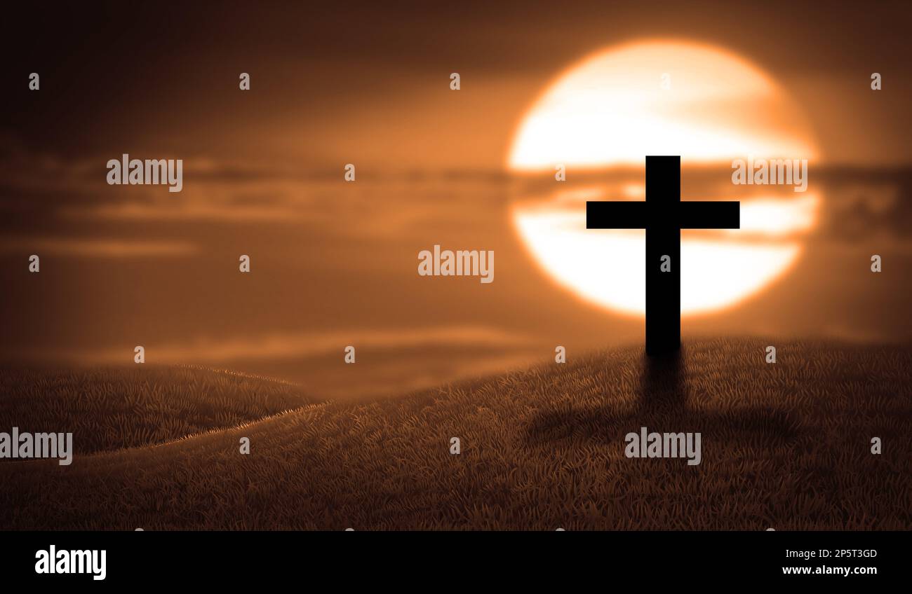 Cross Against Sunset and Sun Light Sky. Crucifix symbol Over Hill ...