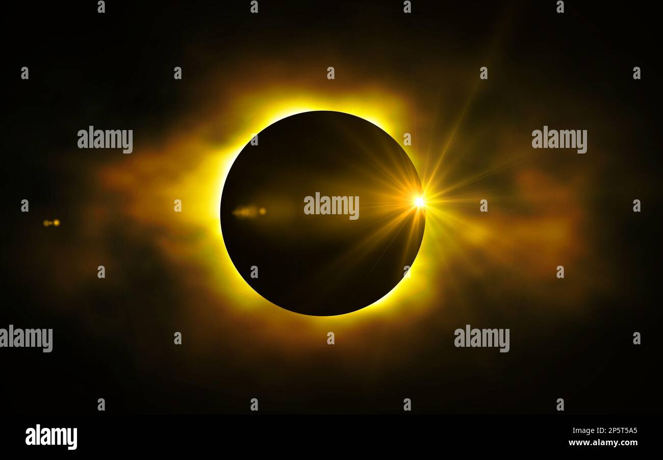 Solar Eclipse Sun Light Glowing in Universe. Full Orange Eclipse Lunar ...