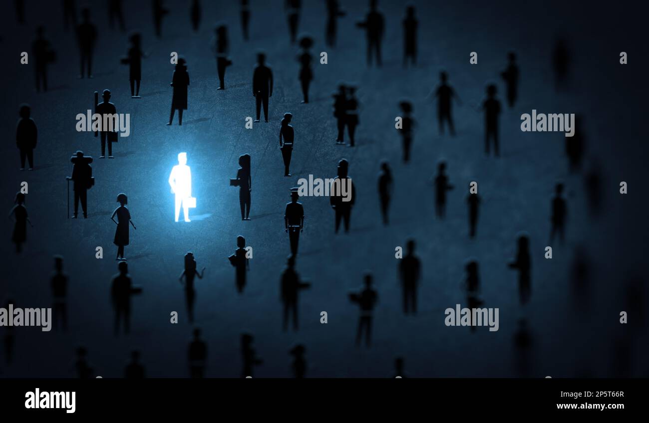 Large Crowd of people with one Business Bright Man Standing out of crowd. Talented and Brilliant ...