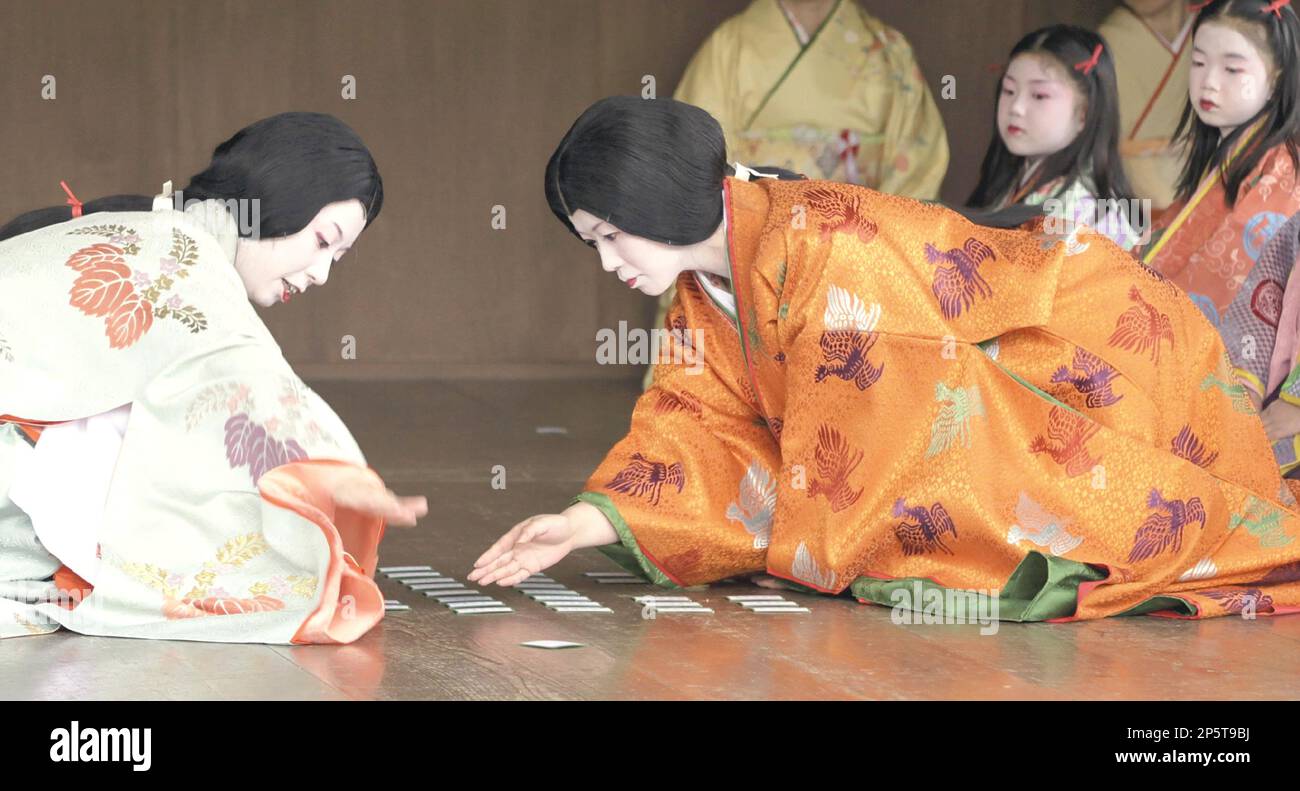 Women and girls dressed in Heian period (794-1192 ) court costumes ...