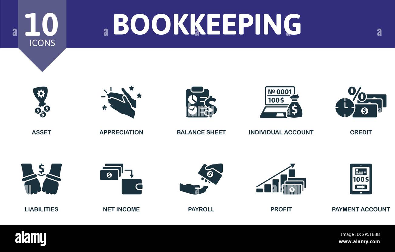 Bookkeeping set. Creative icons: asset, appreciation, balance sheet ...