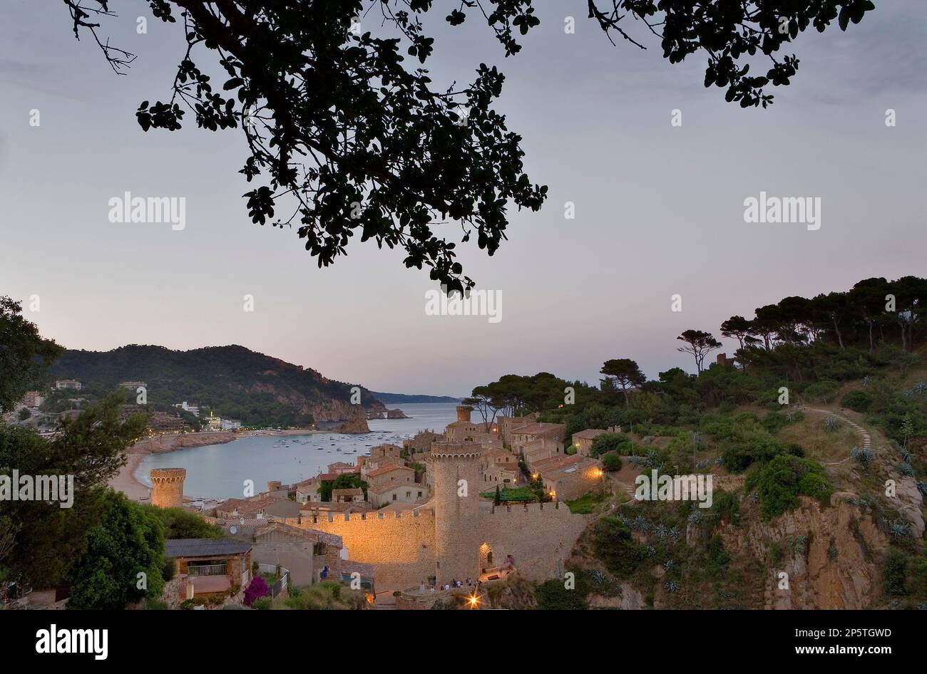 Tossa de Mar. Walls of old city (Villa Vella). In background Gran beach ...