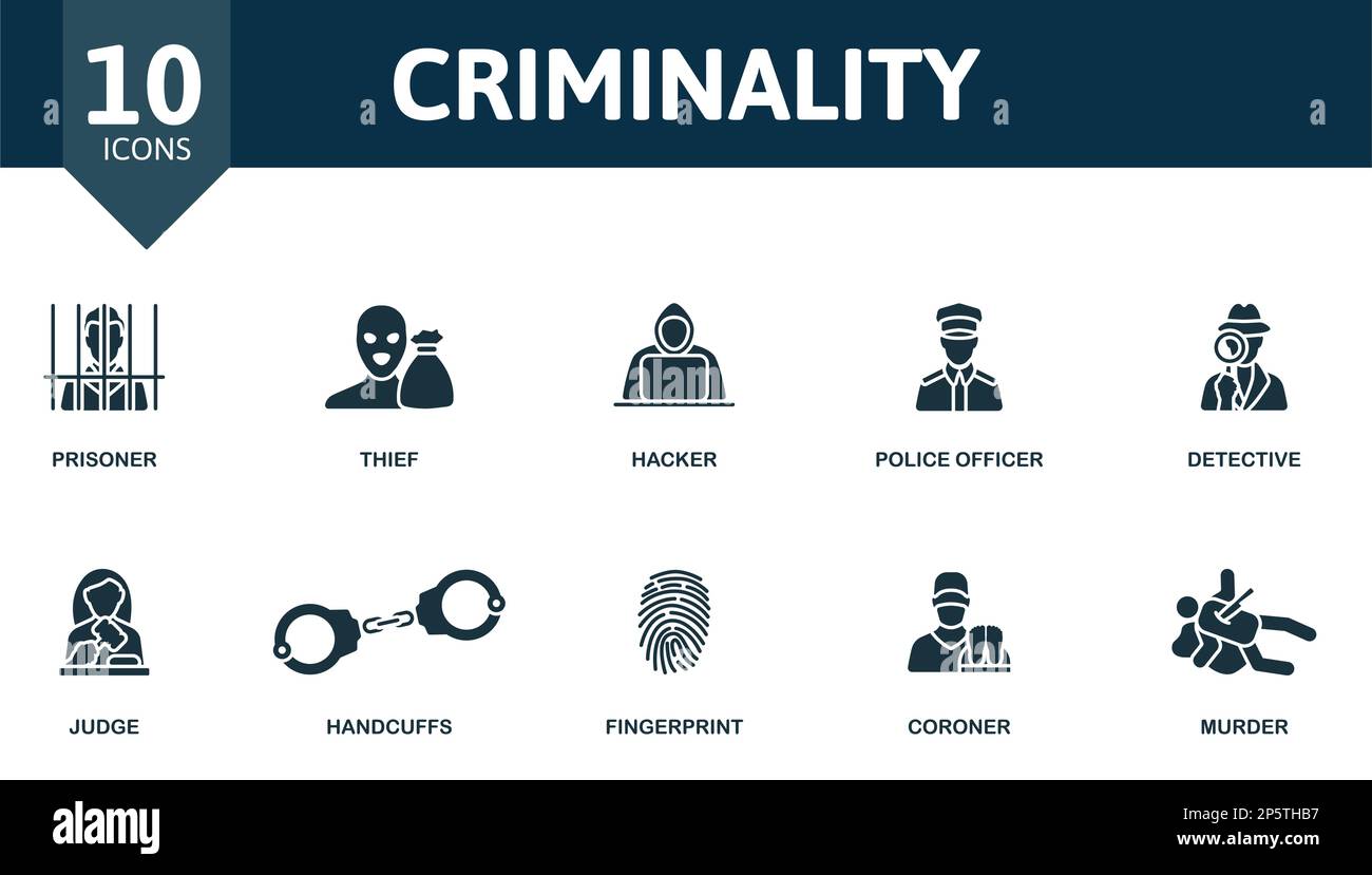 Criminality set. Creative icons: prisoner, thief, hacker, police ...