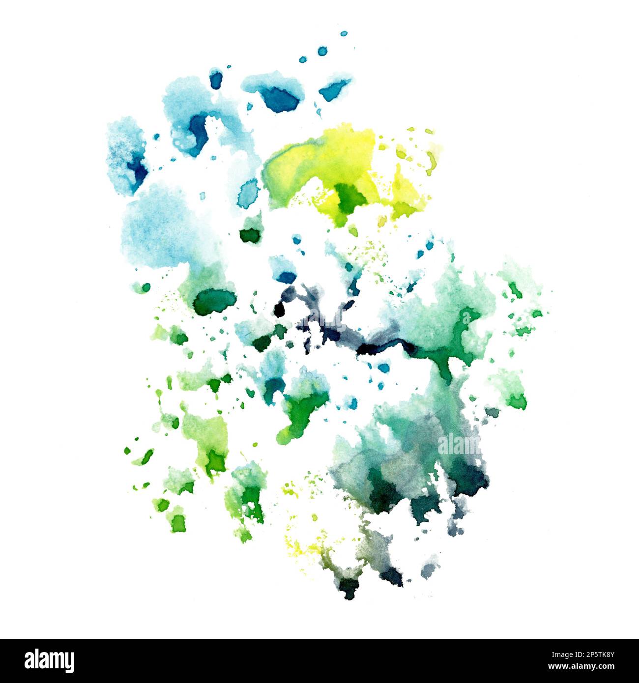 Many watercolor splashes in blue green yellow colors. Abstract texture ...