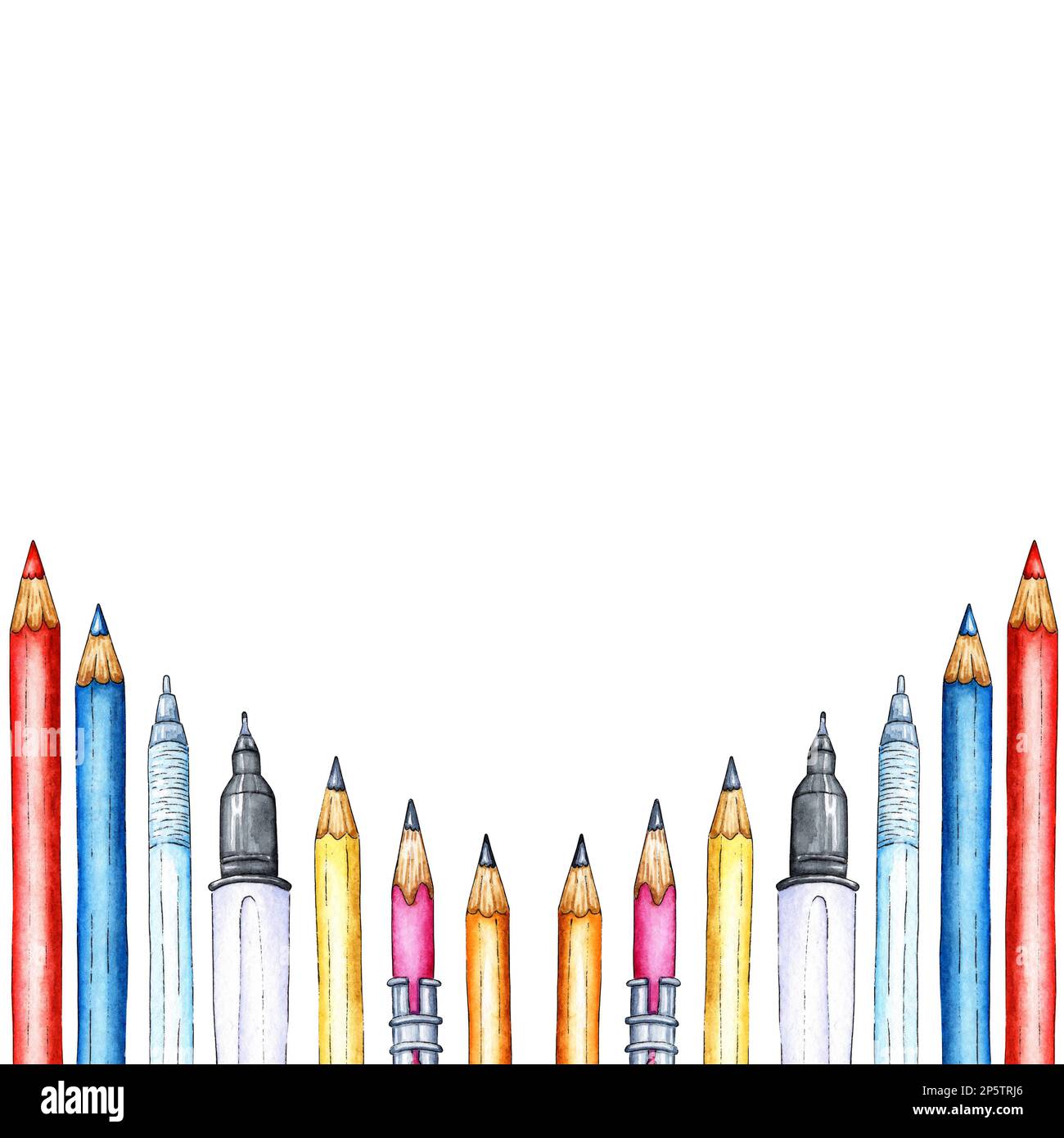 Watercolor illustration of a frame of pencils and pens. "Back to School ...