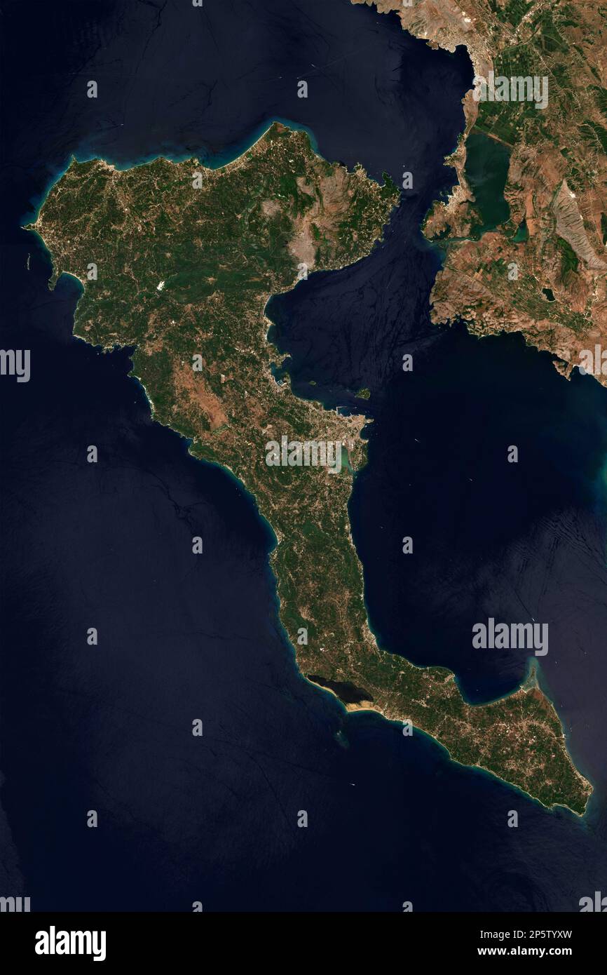 Corfu, a greek island in the Ionian Sea seen from space - contains ...