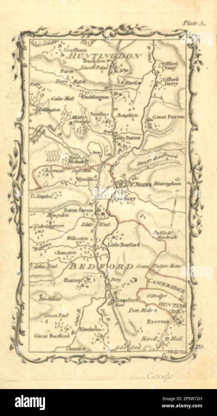 Stagecoach route map around Eaton Socon dated 1776 Stock Photo - Alamy