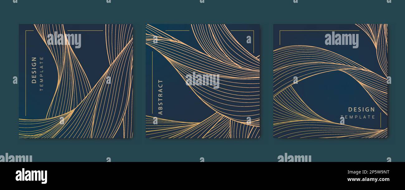 Vector set of wavy luxury line cards, golden dynamic square backgrounds ...