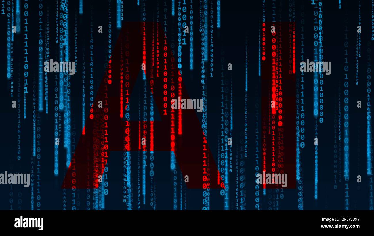 Artificial intelligence - AI in red in blue rain of binary digits on ...