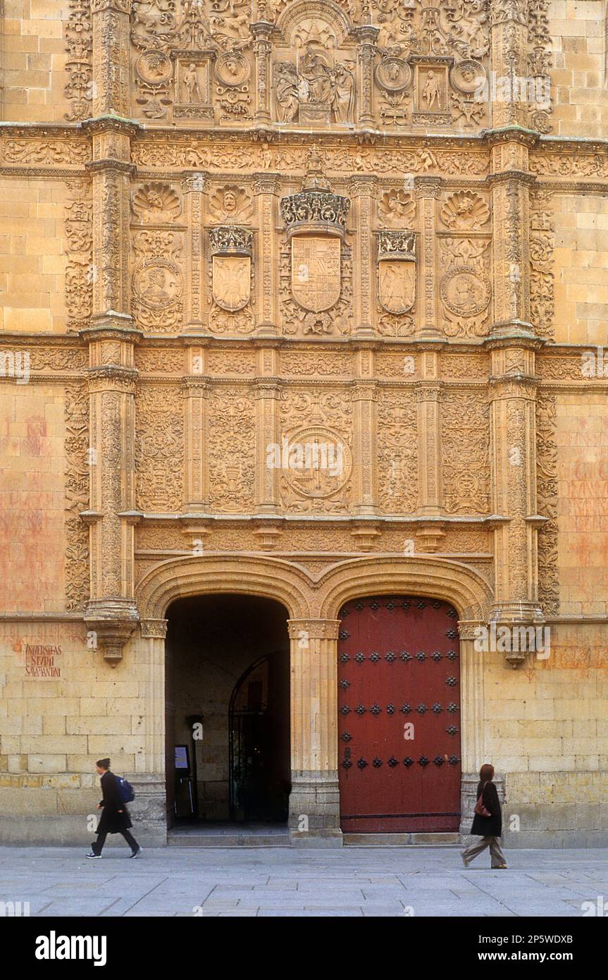 Plateresque facade of main entrance to the Escuelas Mayores or ...