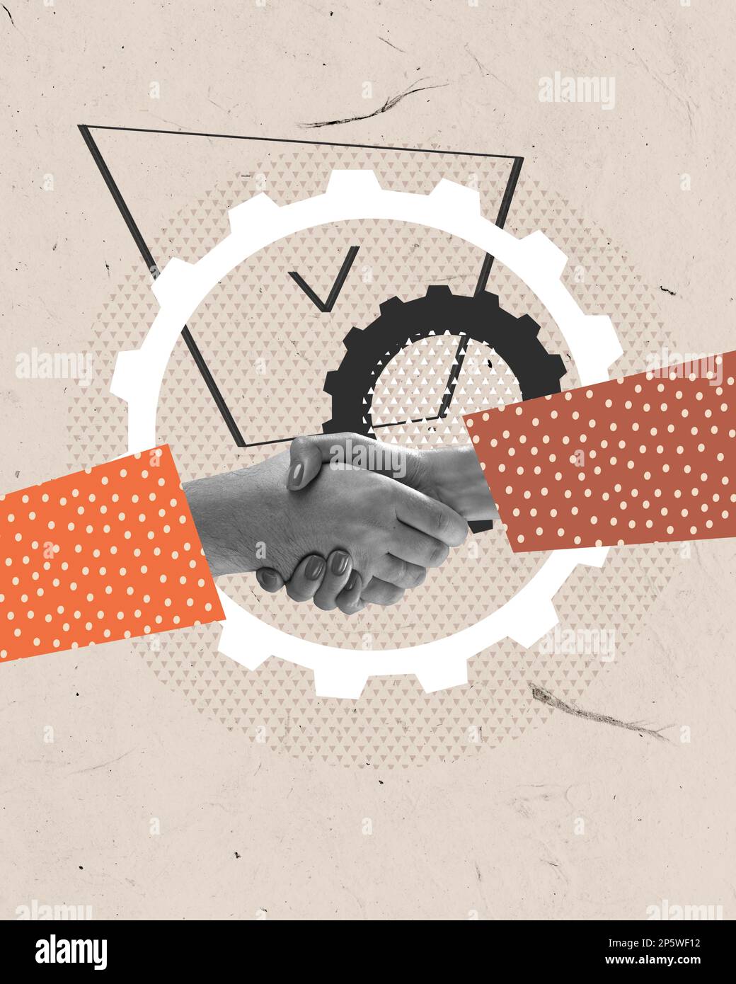 Contemporary art collage. Conceptual design. Human shaking hands ...