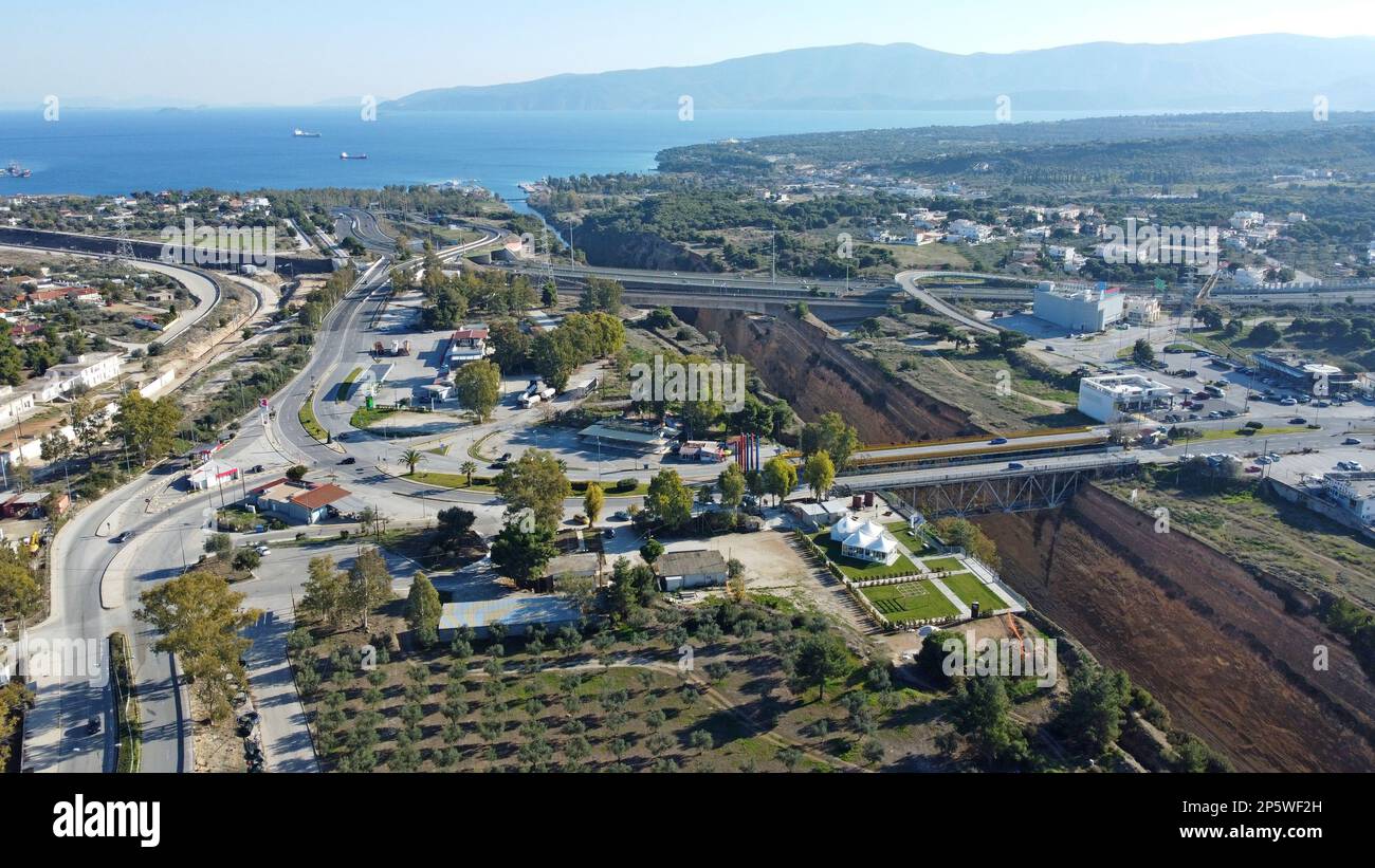 Road and railway bridges across the east end of the Corinth Canal at ...