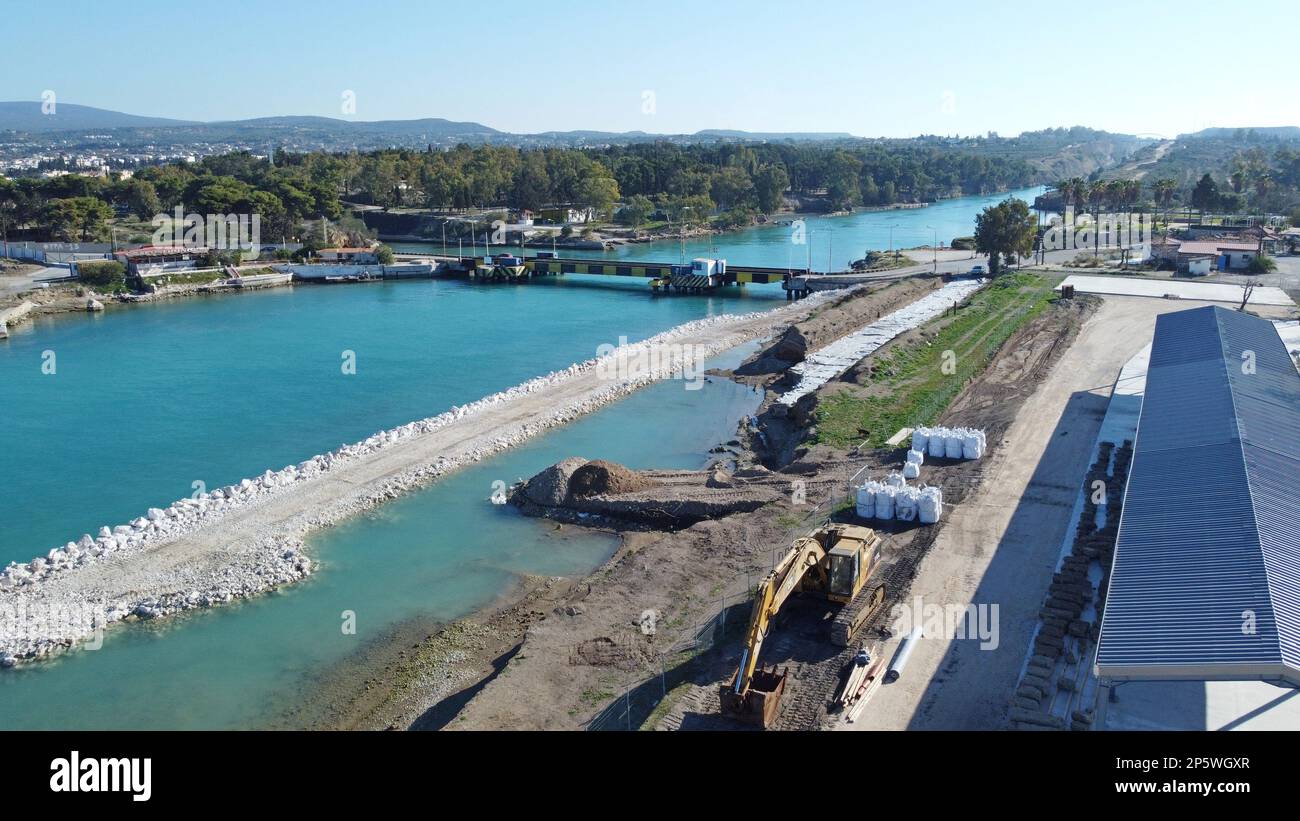 The Western submersible bridge on the Corinth Canal, Greece, next to ...
