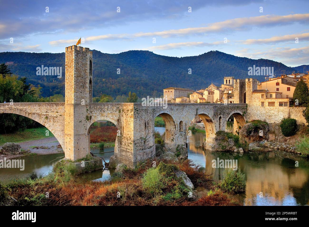 Medieval Bridge -11st Century, Besalú, La Garrotxa, Girona, Spain Stock ...