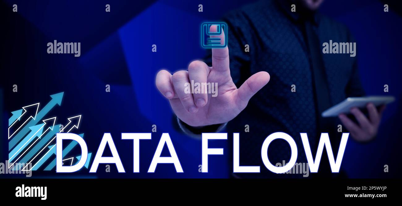 Handwriting text Data Flow. Word Written on the movement of data through a system comprised of ...