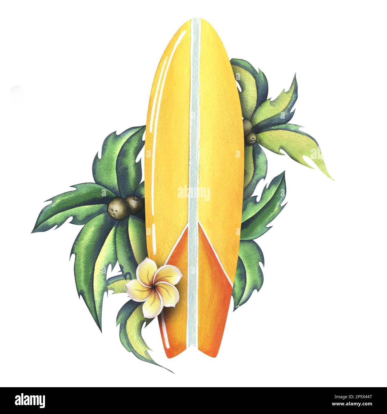 Surfboard in yellow and orange with stripes with tropical leaves and ...