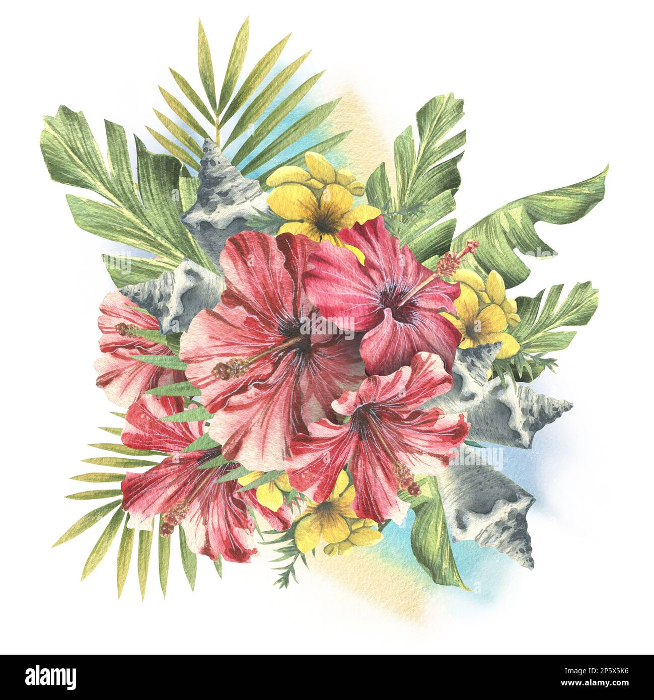 Tropical palm leaves with red hibiscus flowers, yellow flowers and ...