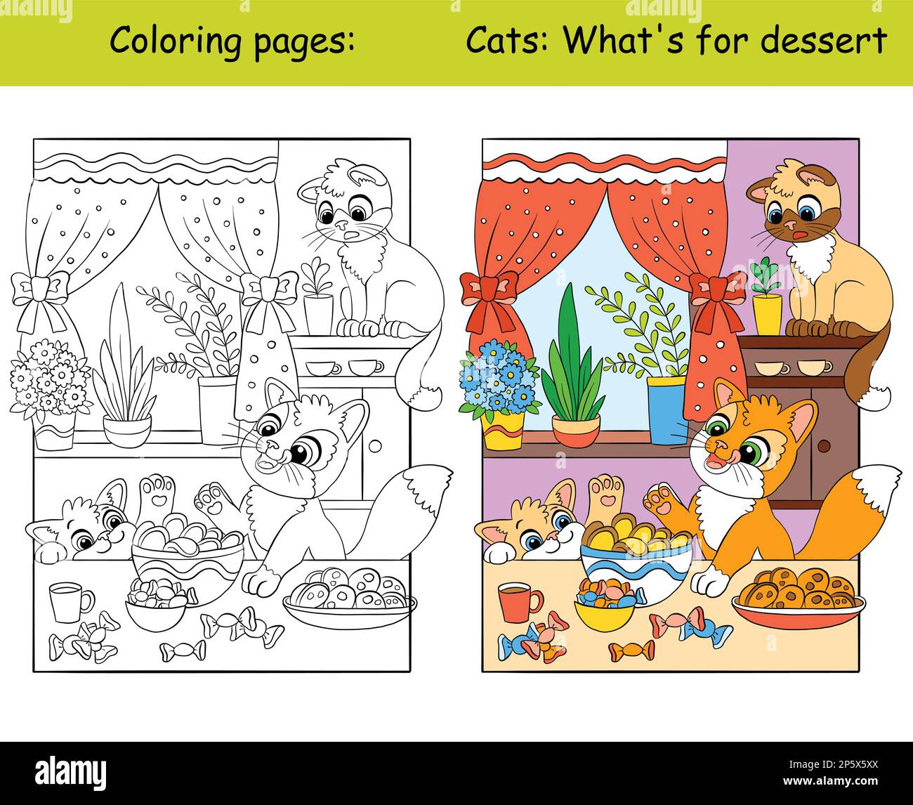Kids coloring with a funny cute cats a kitchen. Vector isolated ...