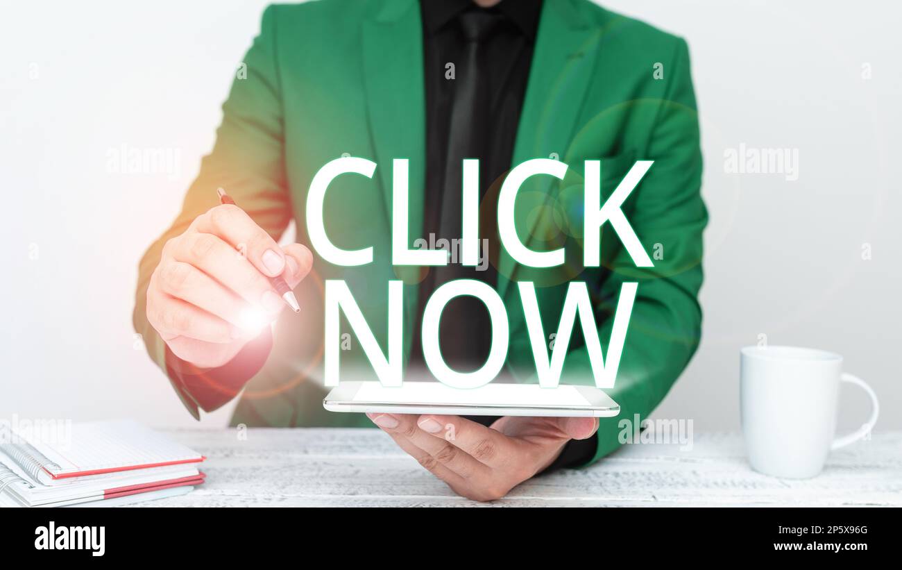 Text showing inspiration Click Now. Business showcase pressing the ...