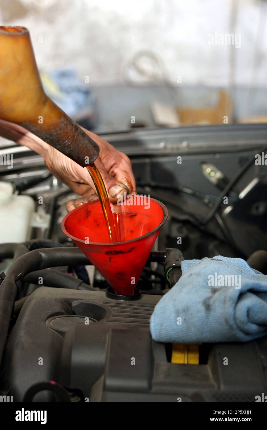 changing the oil in the car, oil is filled in Stock Photo - Alamy