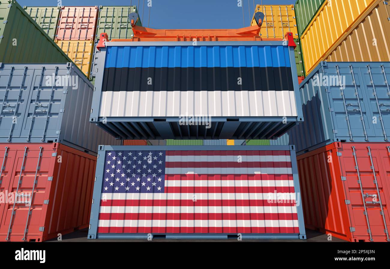 Cargo containers with USA and Estonia national flags. 3D Rendering ...