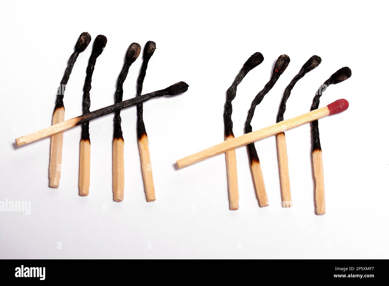 group of burnt off matches, single one still fresh Stock Photo - Alamy