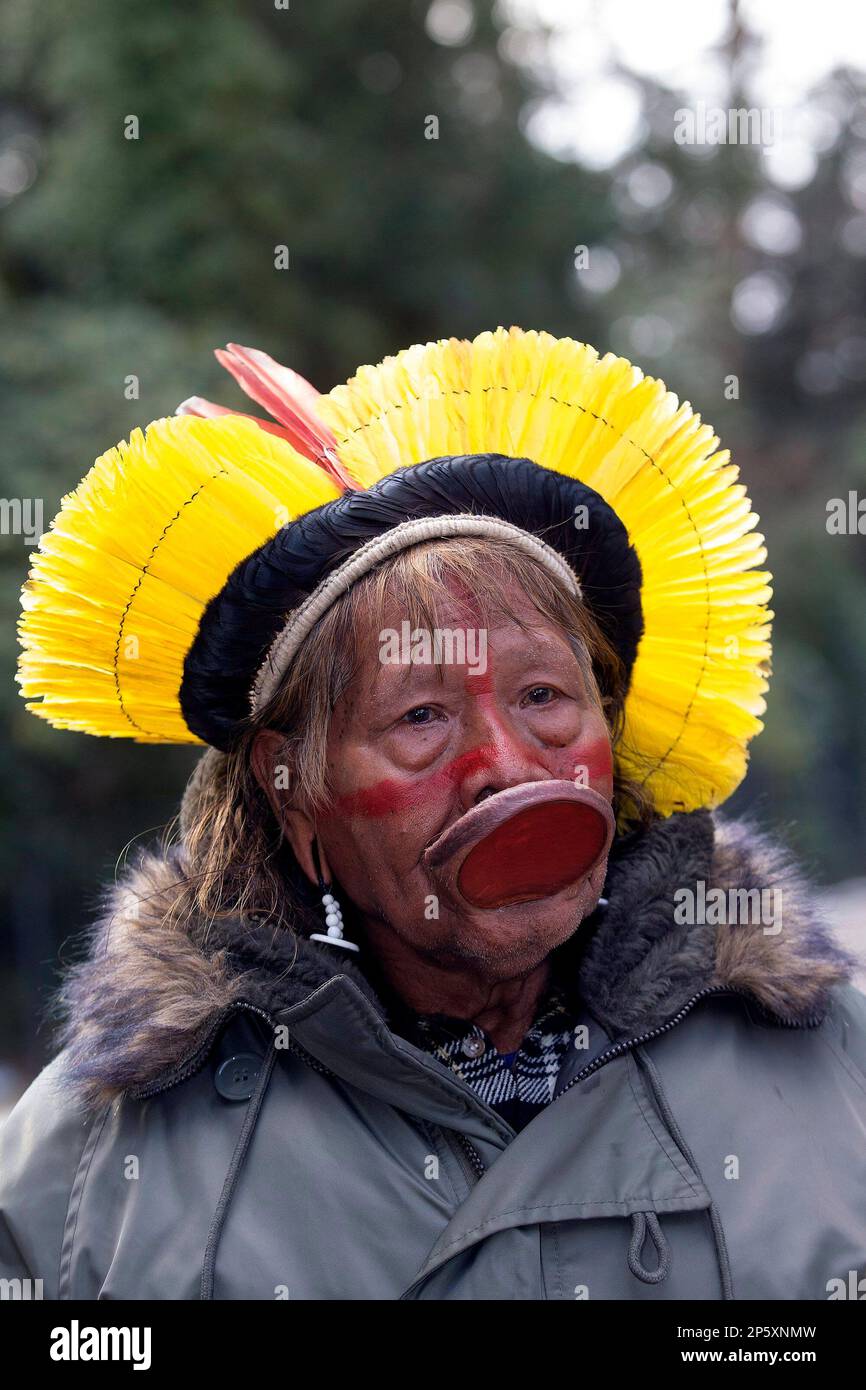 Chief Raoni, head of the Brazilian Kayapo Indians, arrives for a press ...