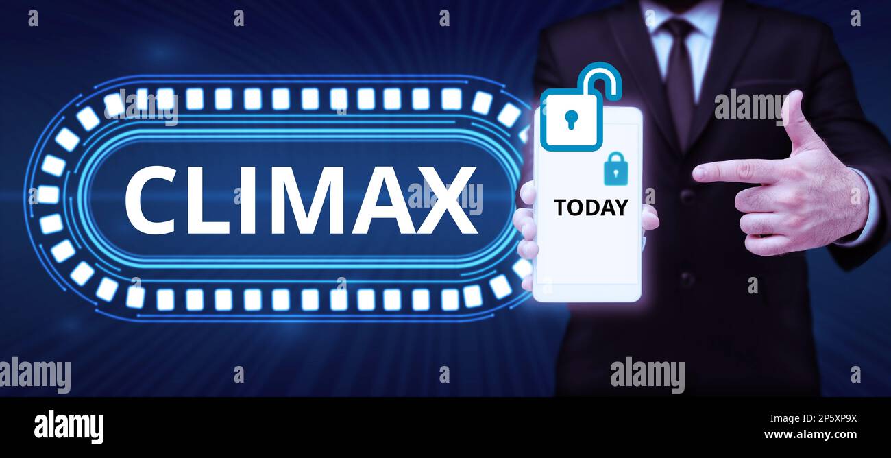 Text caption presenting Climax. Business overview the highest or most intense point in the ...
