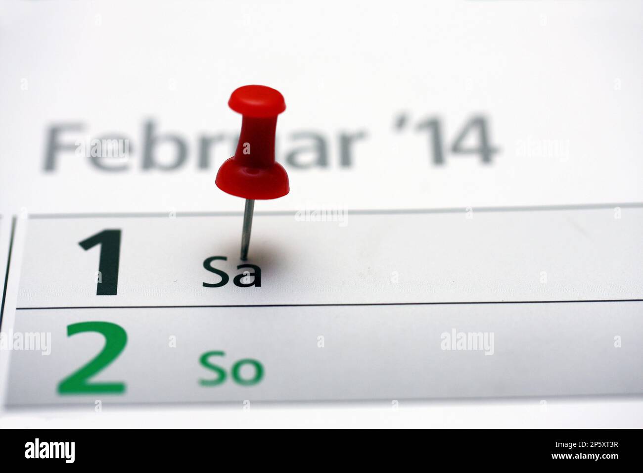 year calendar 2014 in German, push-pin on February 1 Stock Photo - Alamy